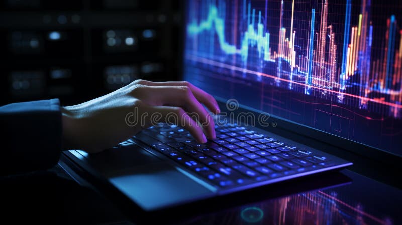 Close-up View of Hands Over Keyboard Projecting Real-time Financial ...