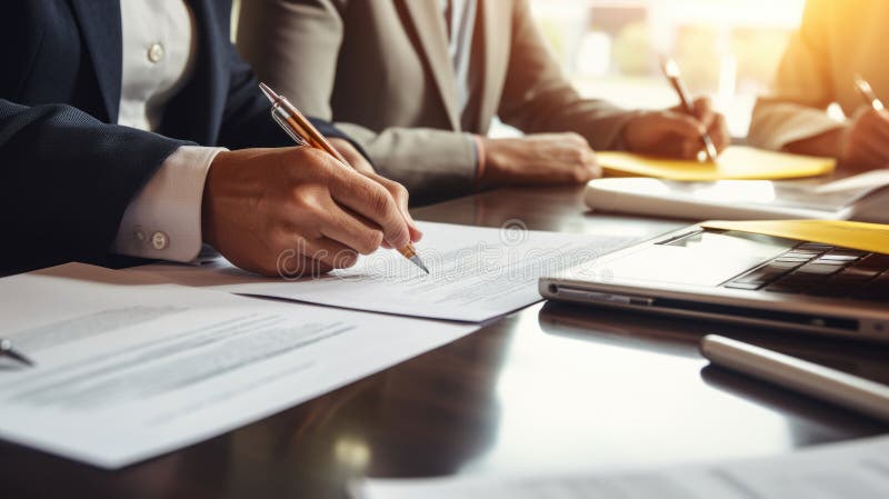 Close-up View of Hands Signing a Document, with Multiple Individuals ...