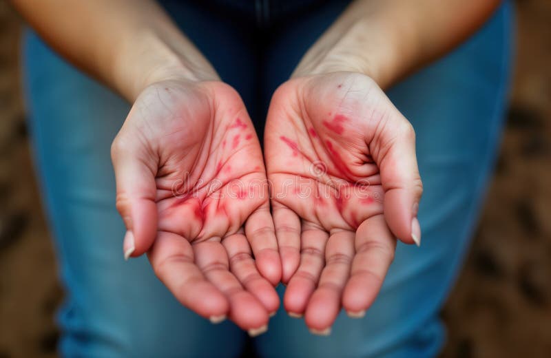 Close Up View Of Hands With Skin Rash Red Spots Marks On Palms Possible Dermatitis Eczema