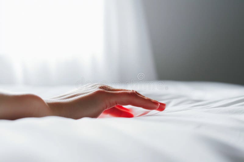 Close-up View of Hands Touching White Bed Sheets. Generative Ai Stock ...