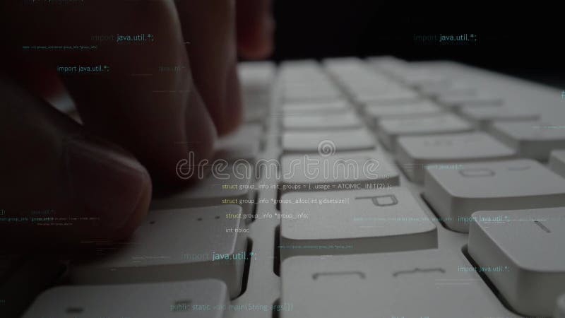 Close-up of Hands Typing on a Computer Keyboard with Abstract Programming Code and Data Overlay ...
