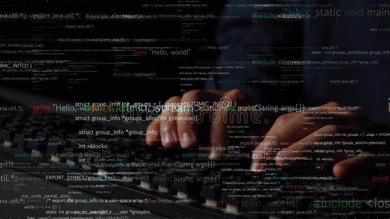 Close-up of Hands Typing Code on Keyboard with Abstract Lines of Text and Programming Symbols in ...