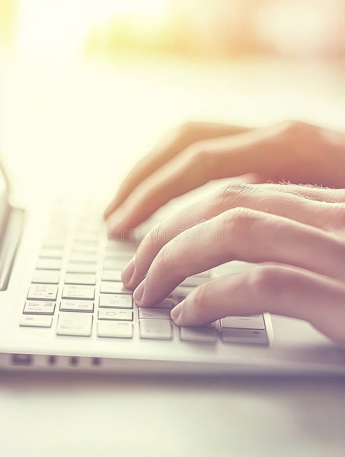 Close Up View of Hands Typing on a Laptop Keyboard Bathed in Soft, Warm ...