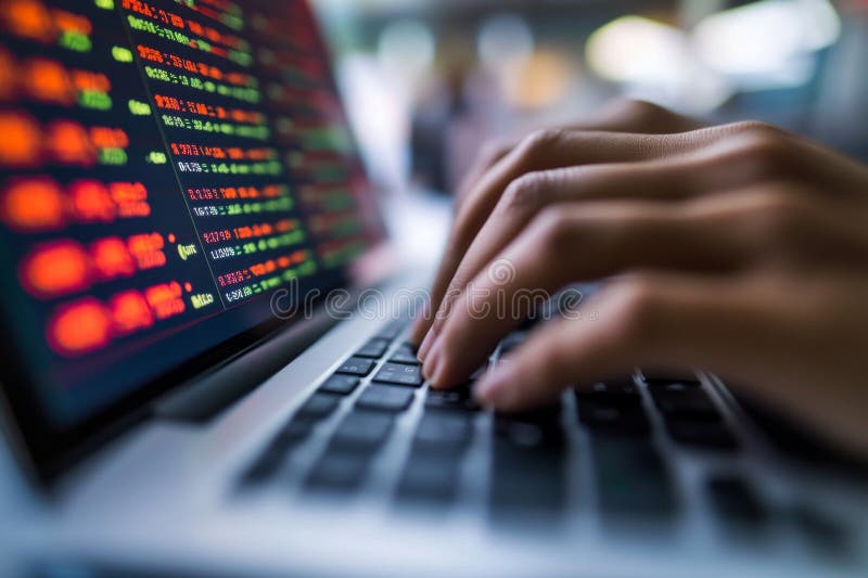 Close-up View of Hands Typing on a Laptop Keyboard. Colorful Data ...