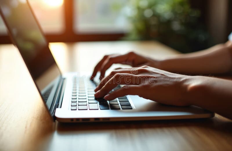Close-up View of Hands Typing on Laptop Keyboard. Freelancer, Remote Worker Using Notebook ...