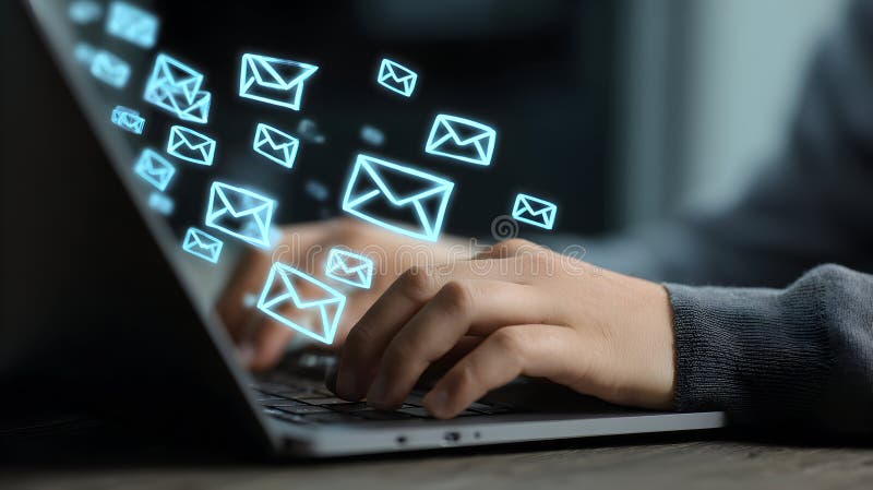 Hands Typing on Laptop Keyboard with Floating Glowing Email Icons ...