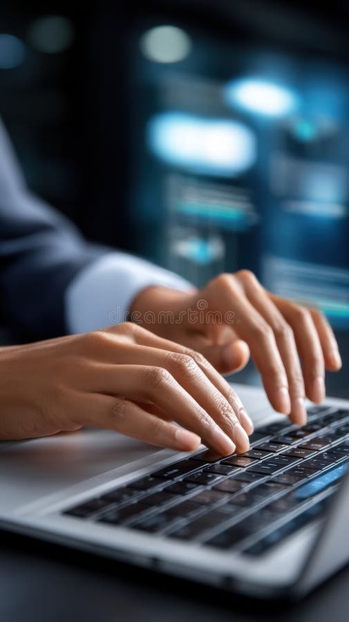 Close-up View of Hands Typing on a Laptop Keyboard in a Modern Workspace, Showing Data Graphs on ...