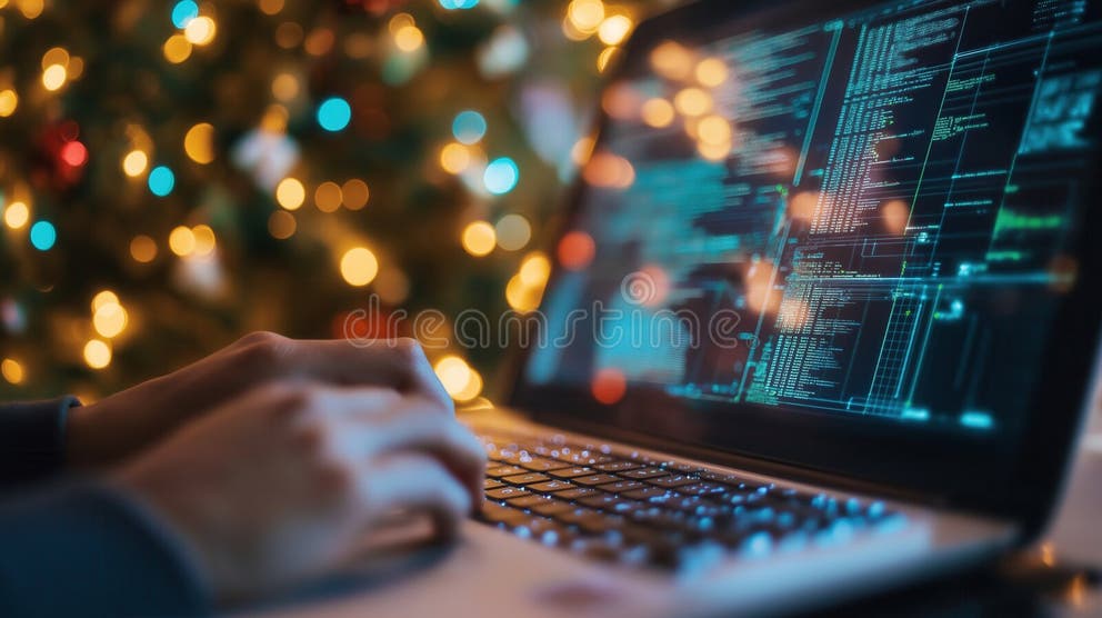 Hands Typing Laptop Programming Code Screen Festive Christmas Lights ...