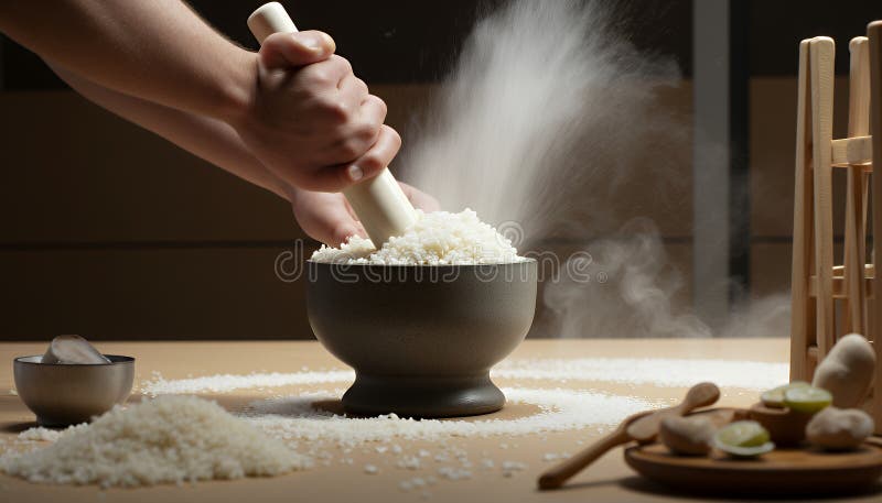 Hands Grinding Rice in Mortar and Pestle: Dramatic Food Preparation ...