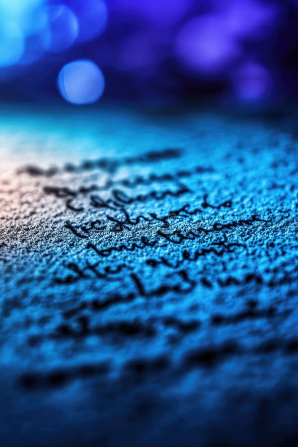 Close-up View of Handwritten Letter on Textured Paper with Blurred Blue ...
