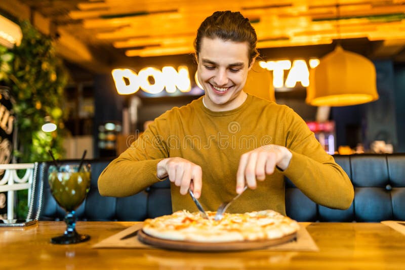 Close-up View of Happy Man Eating Pizza in Cafe Stock Image - Image of ...