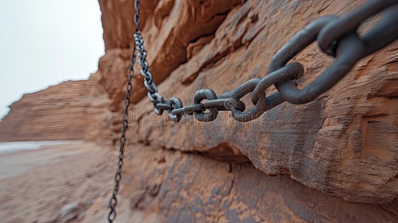 Close-up View of Heavy Steel Chains Suspended from a Rock Wall ...