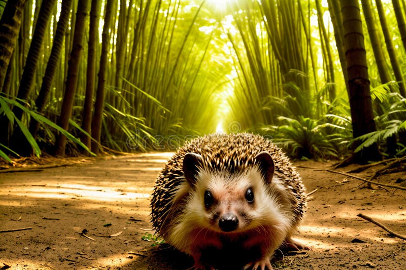 Close-up View of a Hedgehog on a Path in a Thicket of Bamboo. Animals ...