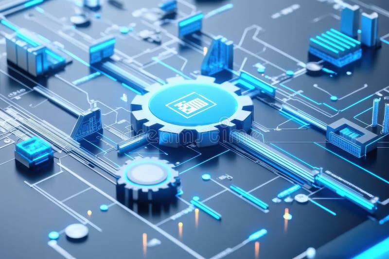 A Close-up View of a High-tech Circuit Board with Gears and Digital ...