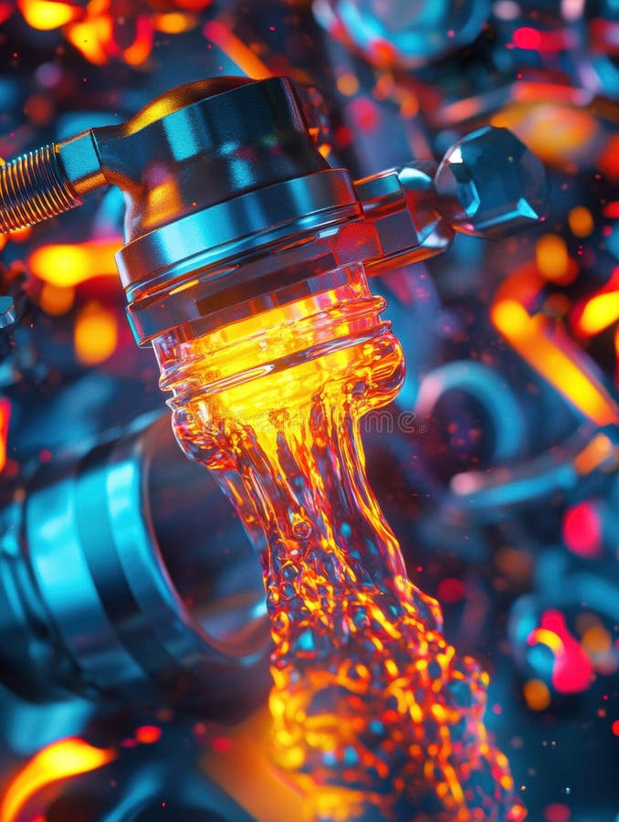 Close-up View of a High-tech Engine Piston with Vibrant Gasoline Flow ...