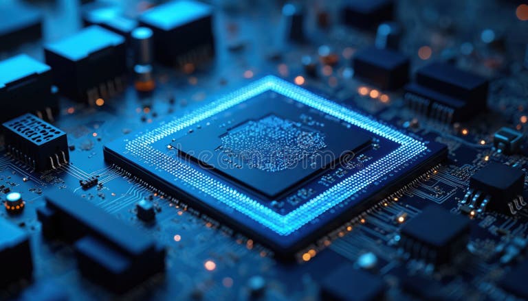 Close-up View High-tech Microprocessor on Circuit Board. Intricate ...