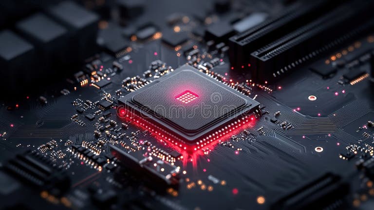 Close-up View of a High-Tech Microprocessor on a Dark Circuit Board ...