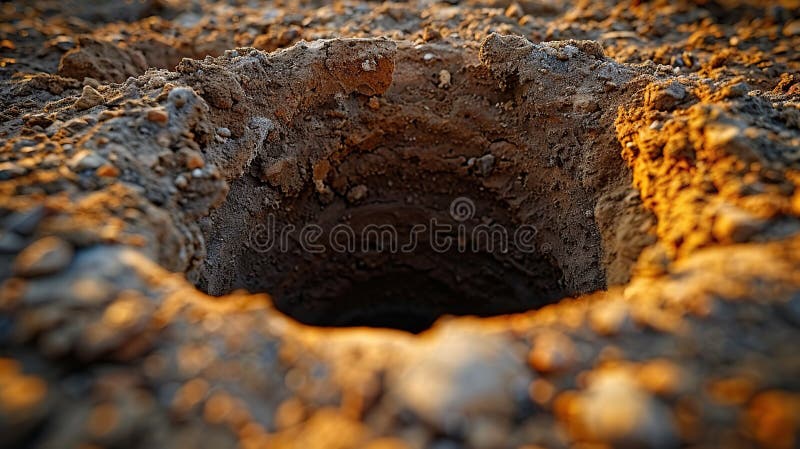 A Close-up View of a Hole Dug in the Ground, the Soil is Dry and Dusty ...