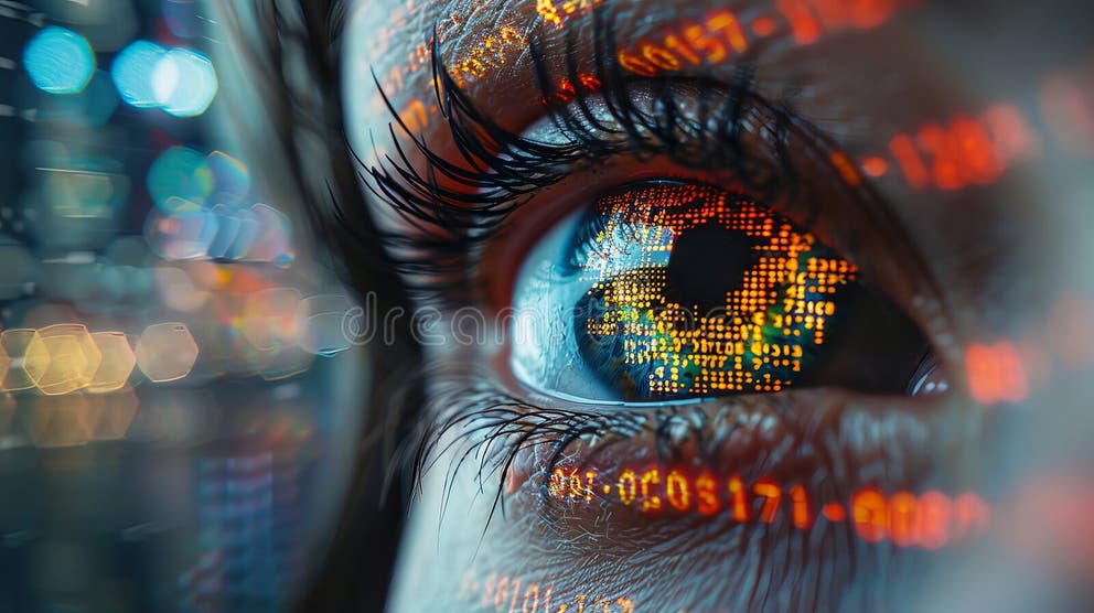 Close-up View of the Human Eye with Digital Display Reflection Stock ...