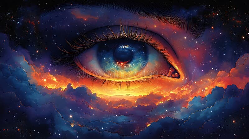 A Close-up View of a Human Eye with a Starry Sky and Clouds Reflected ...