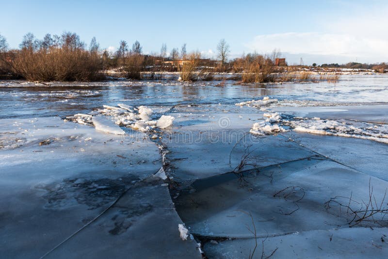 Close Up View of Ice Drift on the Frozen River. Melting Ice. Stack of ...