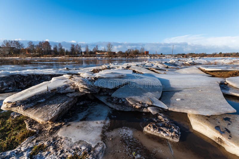 Close Up View of Ice Drift on the Frozen River. Melting Ice. Stack of ...