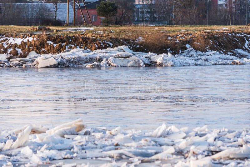 Close Up View of Ice Drift on the Frozen River. Melting Ice. Stack of ...