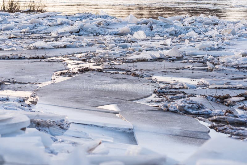 Close Up View of Ice Drift on the Frozen River. Melting Ice. Stack of ...