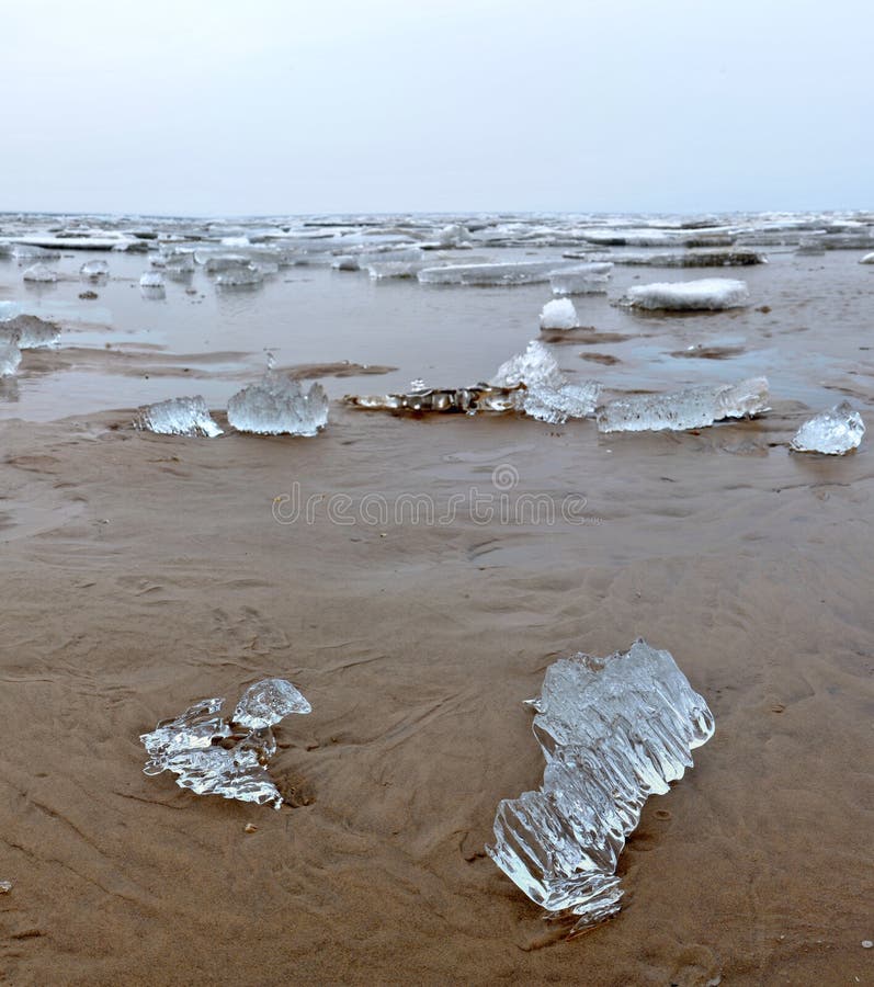Close-up View of Ice Floes Lying on a Sandy Beach during the Beginning ...
