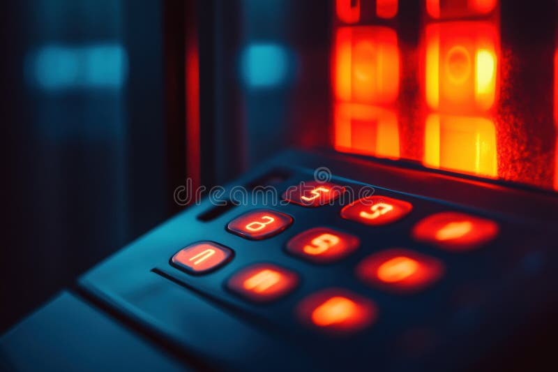 Close Up View of an Illuminated Alarm System Keypad in a Dim Office ...