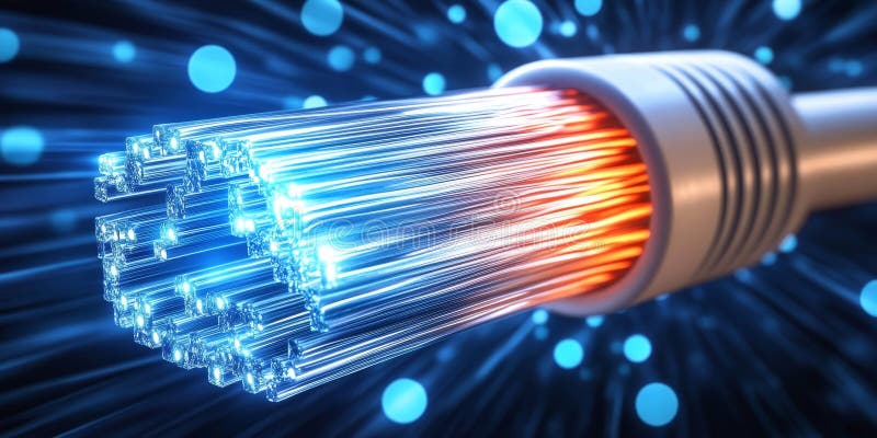 Close-Up View of Illuminated Fiber Optic Cable Transmitting Data Over a ...
