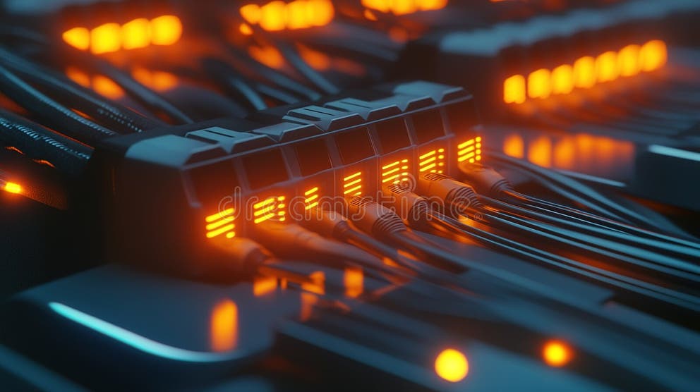 A Close-up View of Illuminated Network Cables Connecting Servers in a ...