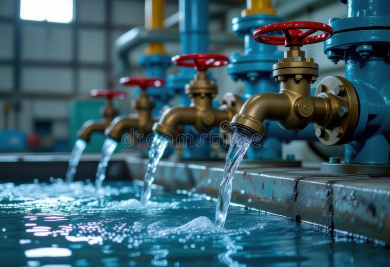 Water Flowing from Industrial Valves into a Large Tank, Showcasing ...