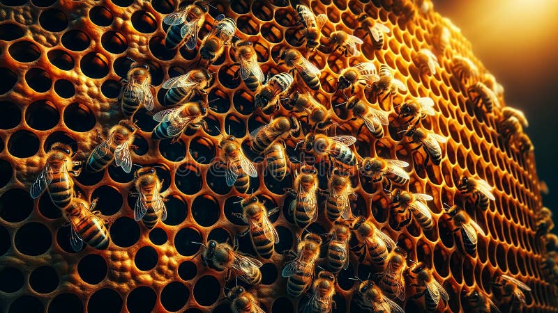 Close-up View of Industrious Bees at Work on Honey Cells Stock ...