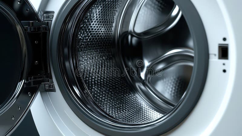Close-Up View: Inside a Modern Washing Machine Drum with Shiny ...