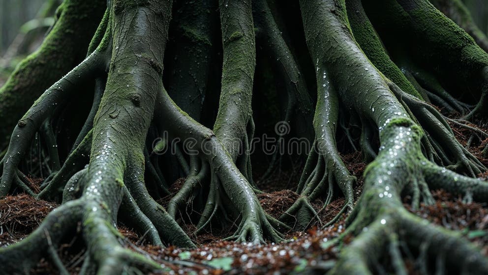 Close Up View of Intertwined Tree Roots with Moss Stock Photo - Image ...