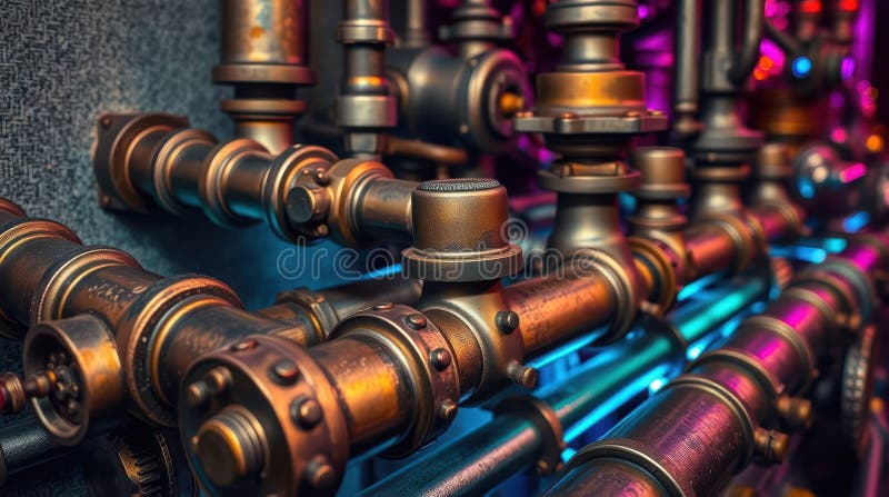 Metallic Piping System Illuminated by Colorful Lights in an Industrial ...