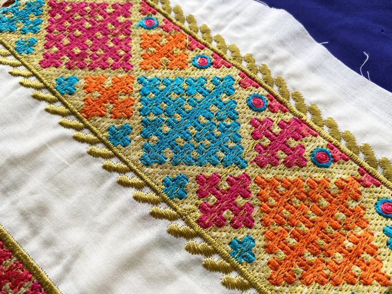 Close Up View of Intricate Multi Colored Geometric Thread Embroidered ...