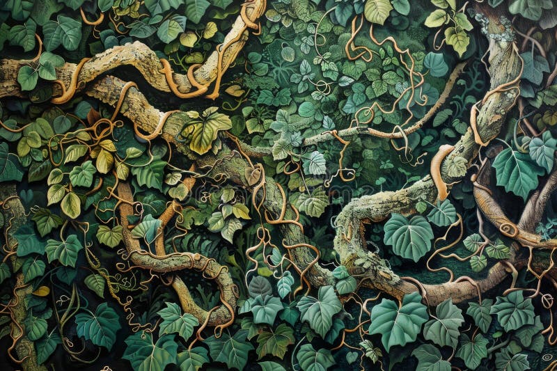 A Close-up View of Intricate Vines and Foliage Intertwining in a ...