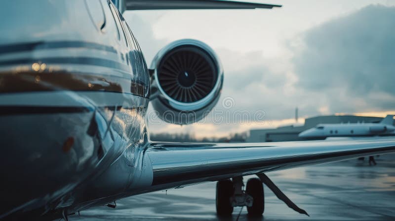 A Close-up View of a Jet Engine and Wing at an Airport during Twilight ...