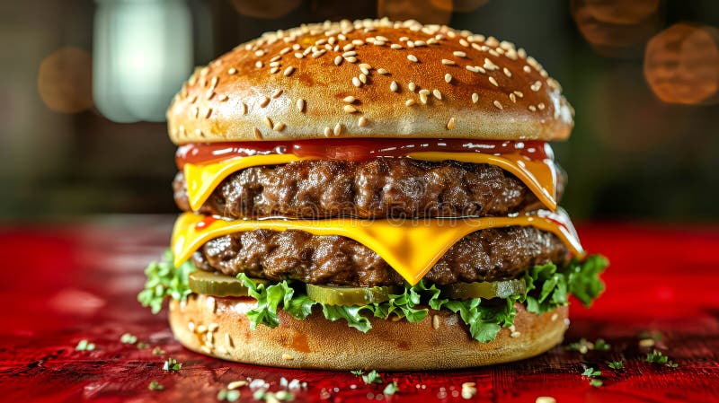 A Close-Up View of a Juicy Double Cheeseburger on a Red Tabletop Stock ...