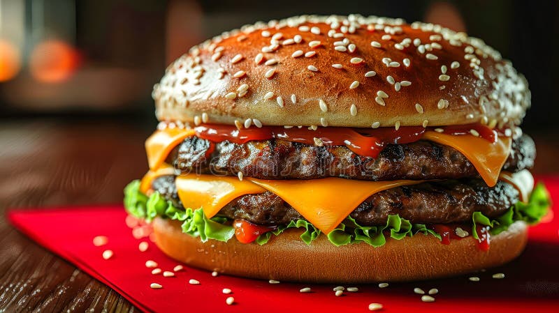 A Close-Up View of a Juicy Double Cheeseburger on a Red Tabletop Stock ...