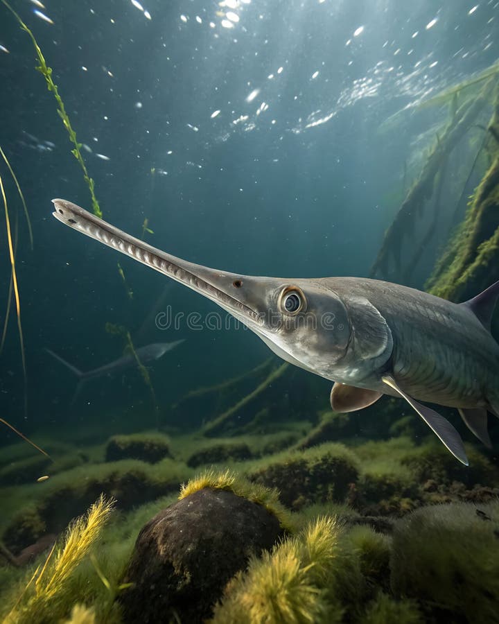 Close-up View of a Juvenile Paddlefish Swimming in Underwater Habitat ...