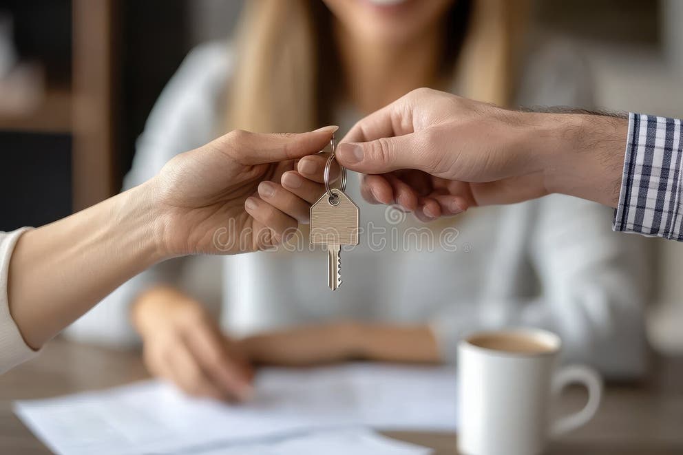 Close-Up View of Key Transfer between Two Hands with Documents and ...