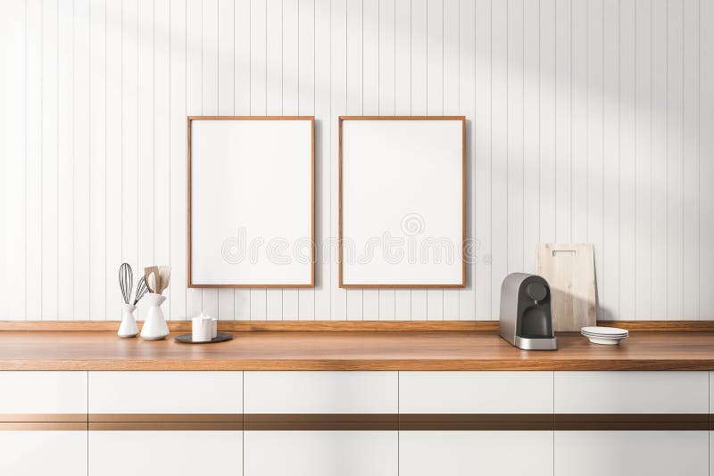 Close Up View on Kitchen Interior with Empty White Posters Stock ...