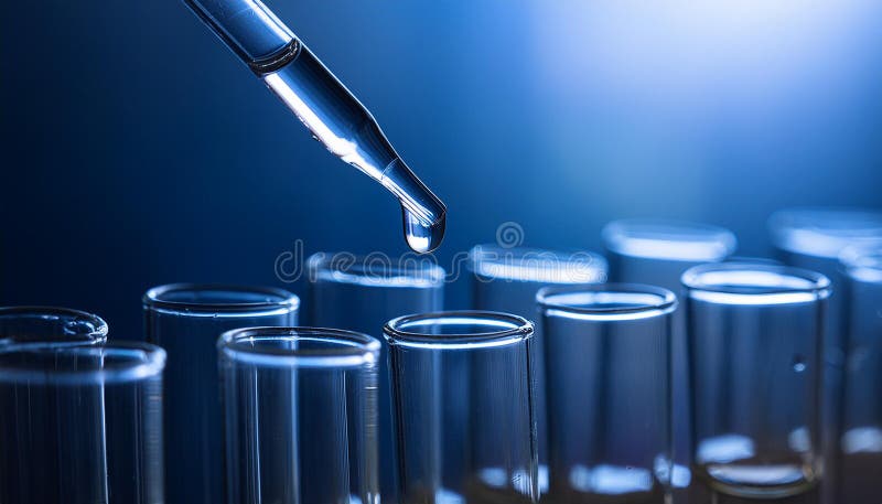 View of Lab Pipette with Sample Liquid Over Blue Backdrop. Biomedical ...