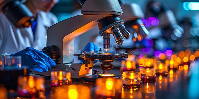 Close-up View of Laboratory Microscopes with Illuminated Lenses ...