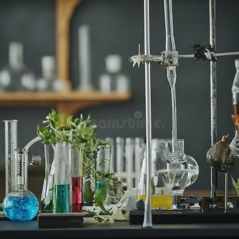 Laboratory Glassware on a Metal Table Stock Illustration - Illustration ...