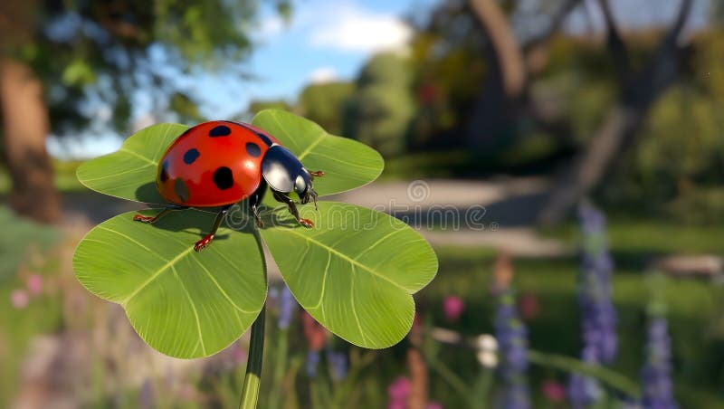 Close Up View of a Ladybug is on a Four Leaf Clover Stock Illustration ...