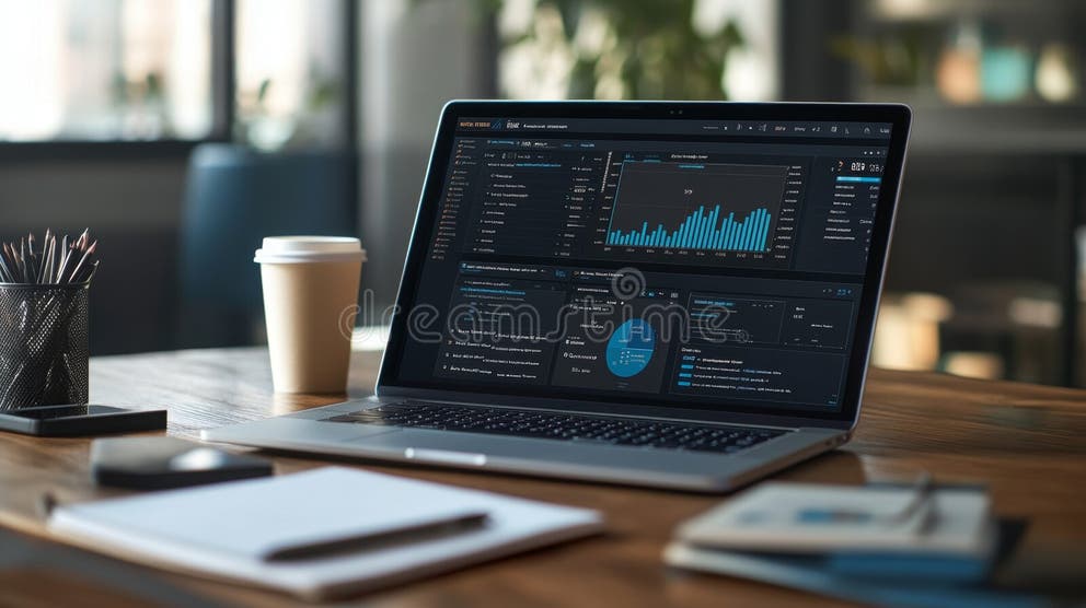 Close-Up View of Laptop Displaying Digital Dashboard Data Visualization ...